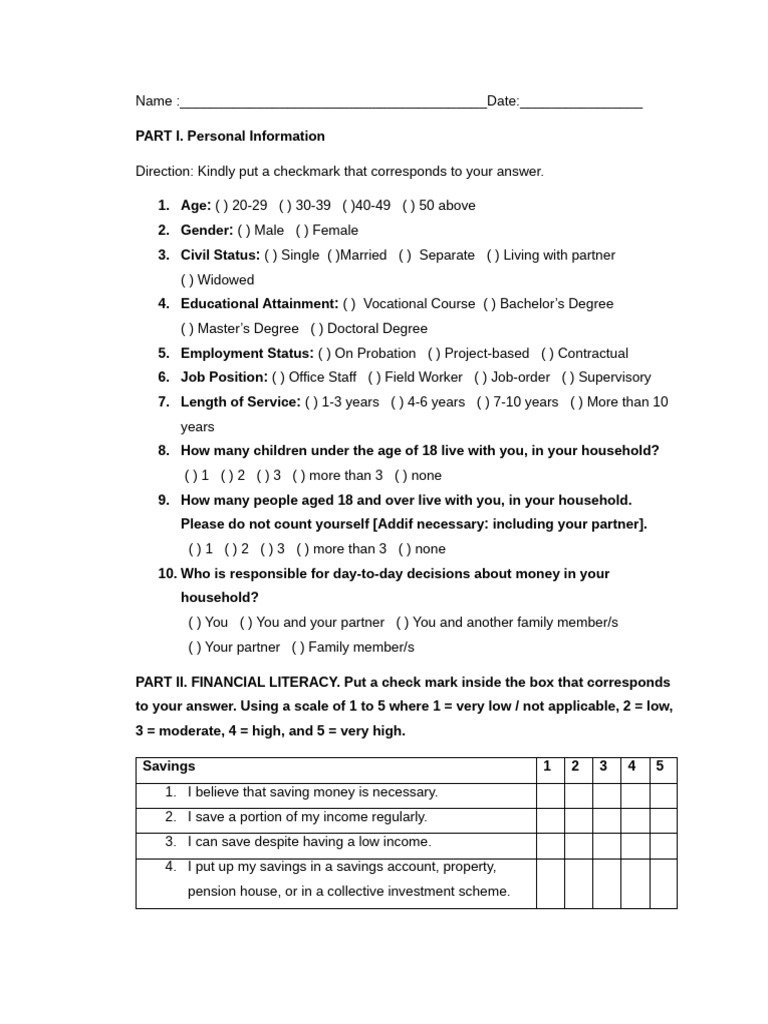 Financial Literacy Survey Questionnaire | PDF | Investing | Wealth