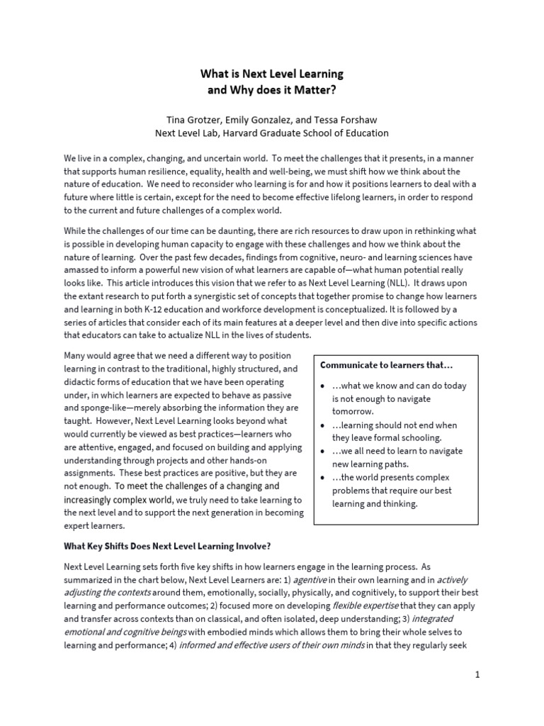 Next Level Learning: Transforming Education | PDF | Expert | Learning