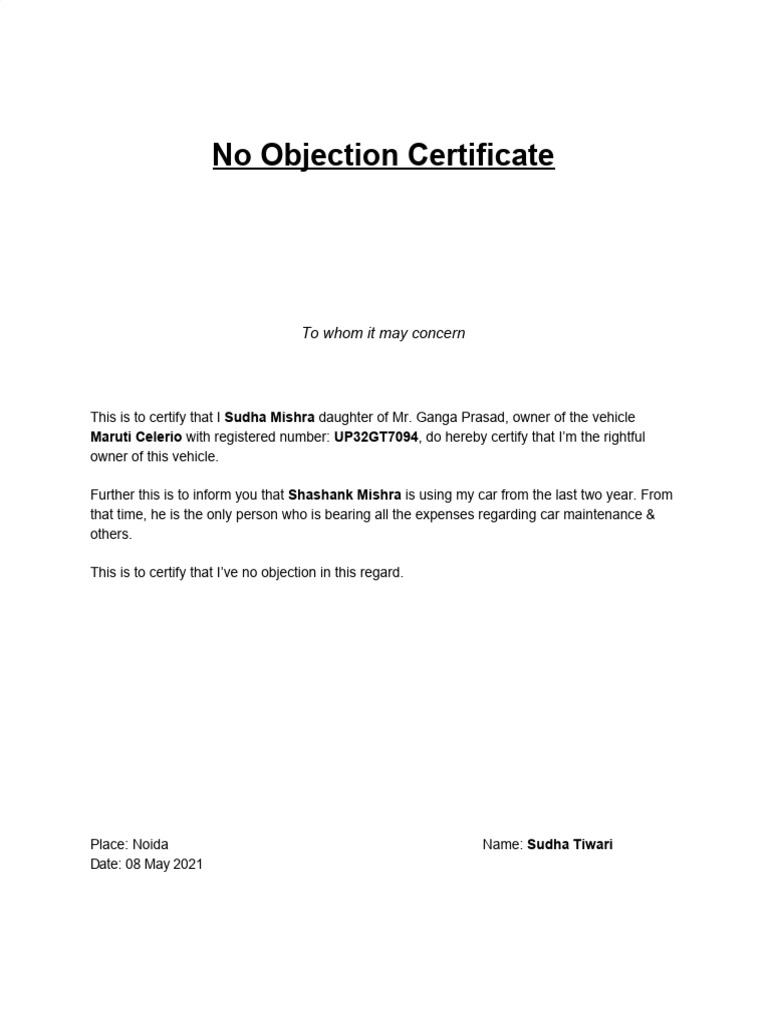 No Objection Certificate for Vehicle Use | PDF