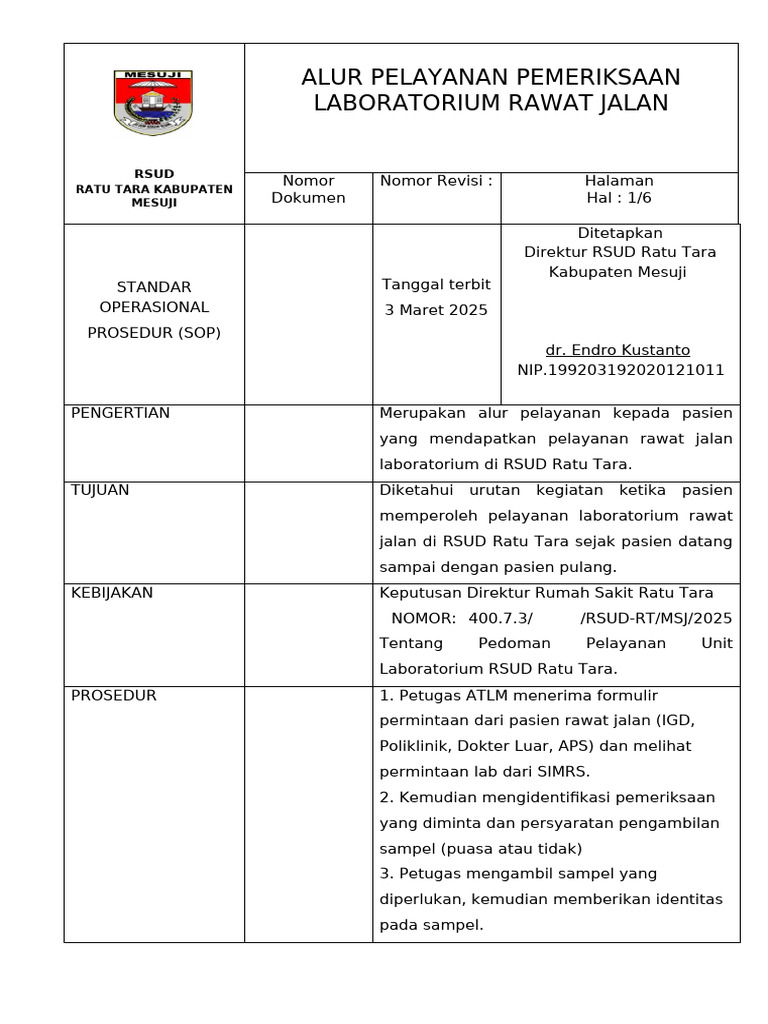 1. SOP Alur Pelayanan Laboratorium Rawat Jalan | PDF