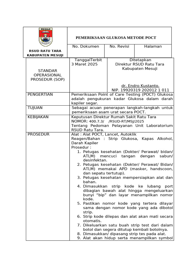 Sop Pemeriksaan Glukosa Metode Poct | PDF