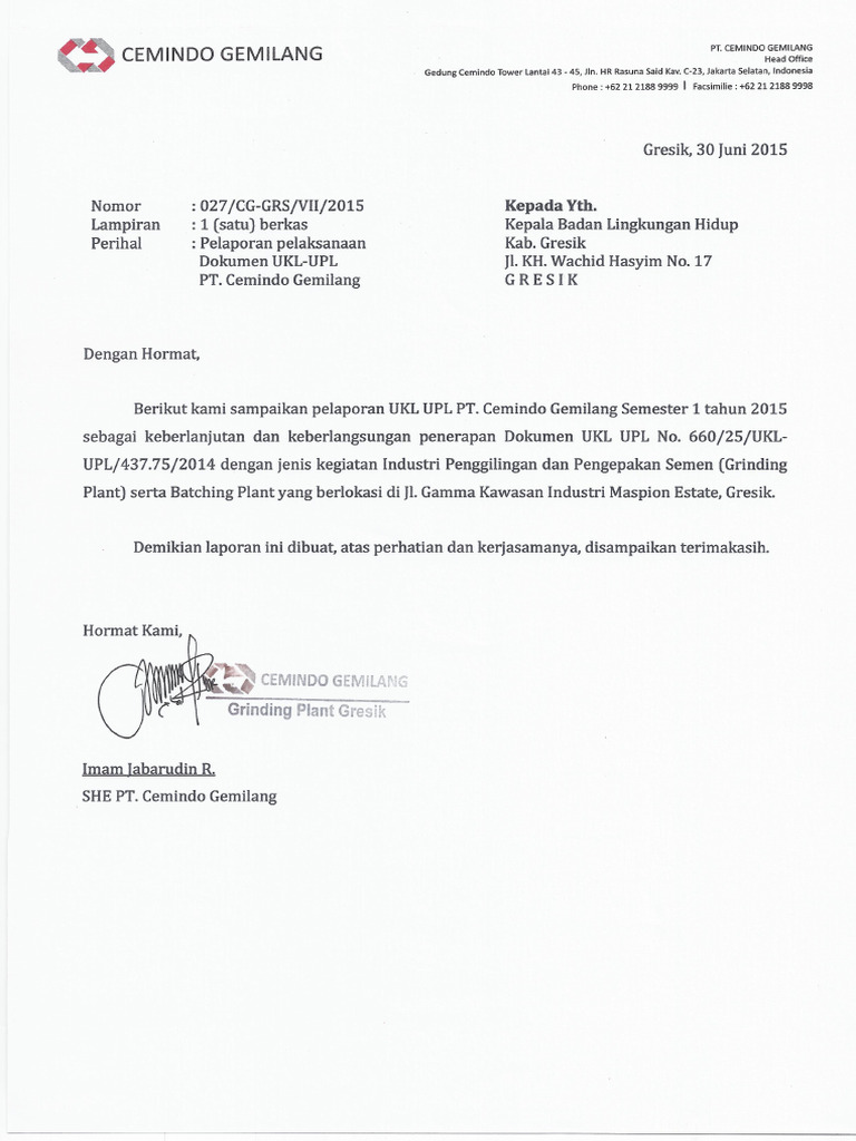 Surat Pengantar Lap - UKL UPL Cemindo Gresik Semester I TH 2015 | PDF