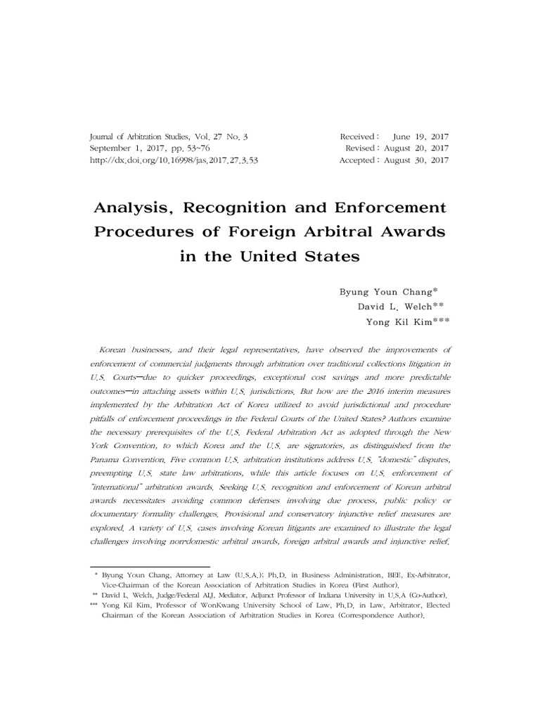 Analysis, Recognition and Enforcement Procedures of Foreign Arbitral ...