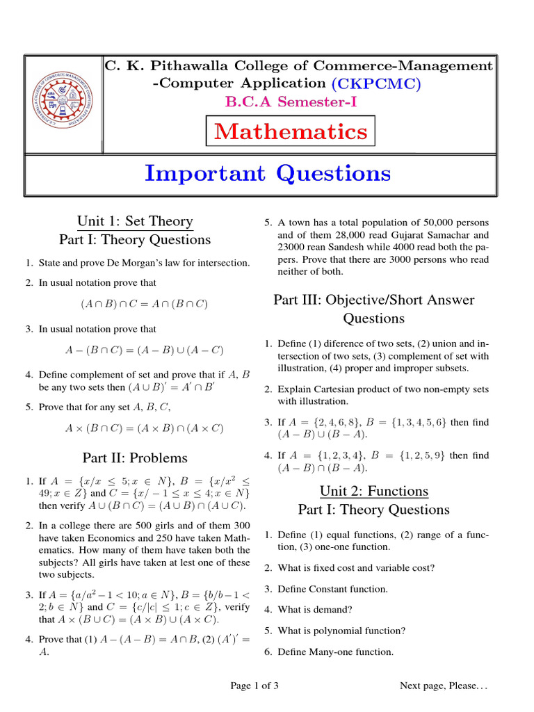 Important Questions Maths - BCA | PDF | Function (Mathematics) | Intersection (Set Theory)