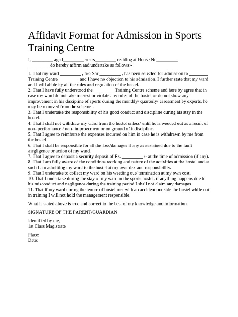 Affidavit Format For Admission in Sports Training Centre | PDF