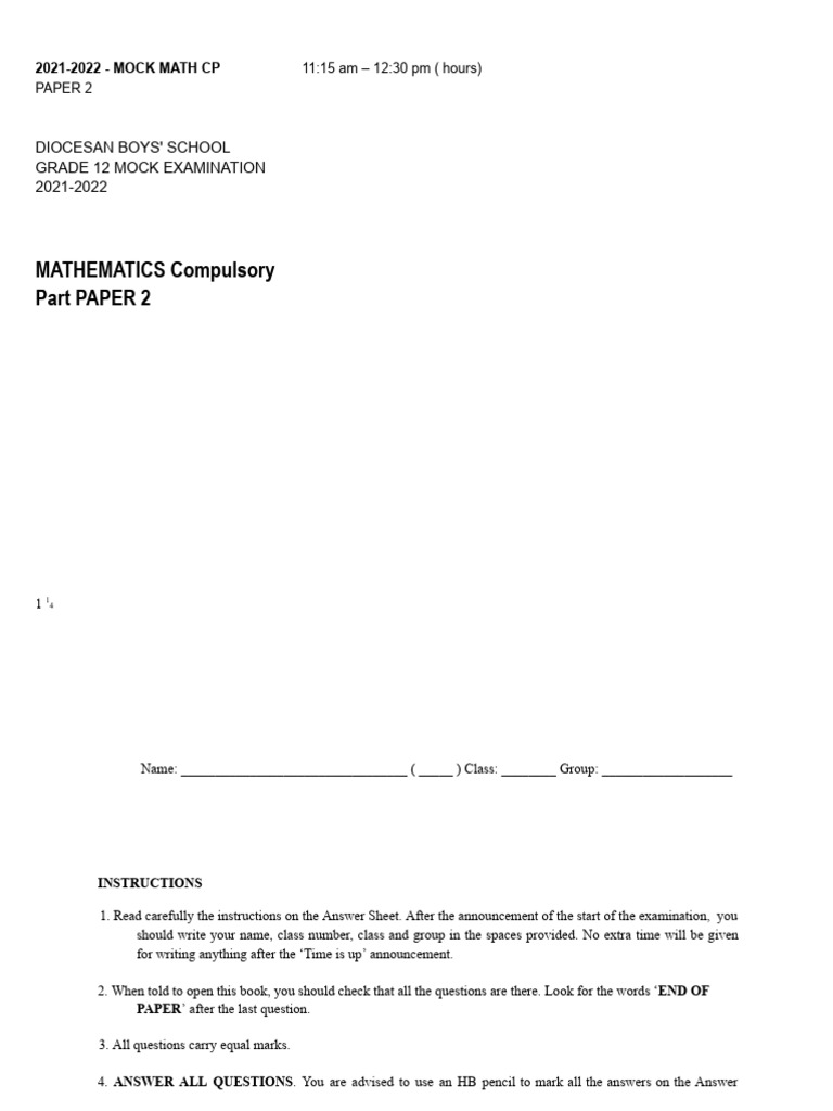 GRADE 12 MOCK EXAMINATION 2021-2022 Paper2 | PDF | Area | Cartesian ...