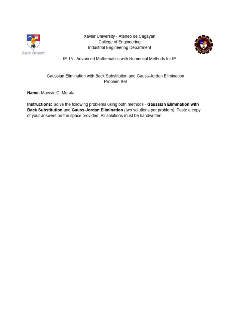 Homework - Gaussian Elimination With Back Substitution and Gauss-Jordan ...