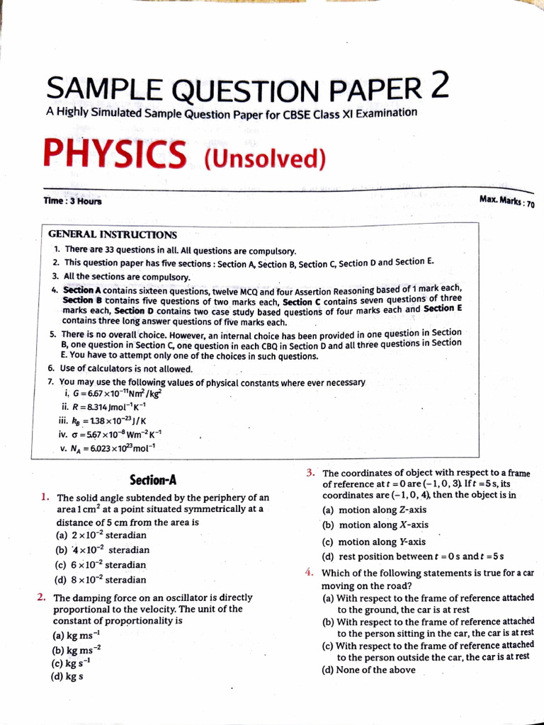 Physics Sample Paper Class 11 | PDF | Orbit | Pressure