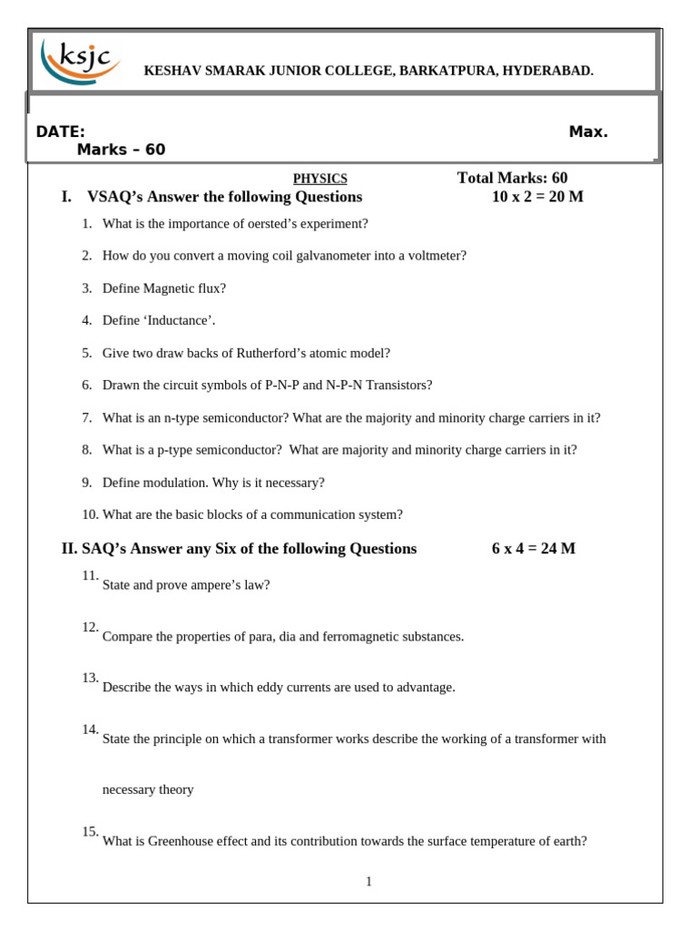 Physics Exam Questions for Keshav Smarak College | PDF | Electric ...