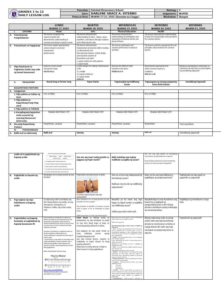 DLL in MAPEH 5 Q4 W6 | PDF