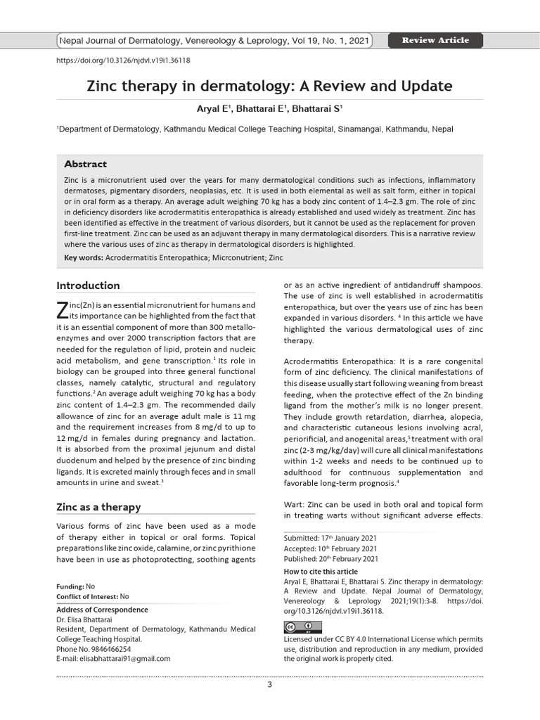 Zinc Therapy in Dermatology A Review and Update | PDF | Zinc | Medical ...