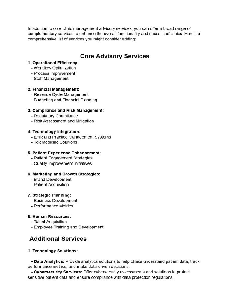 Comprehensive Clinic Advisory Services | PDF | Customer Relationship ...