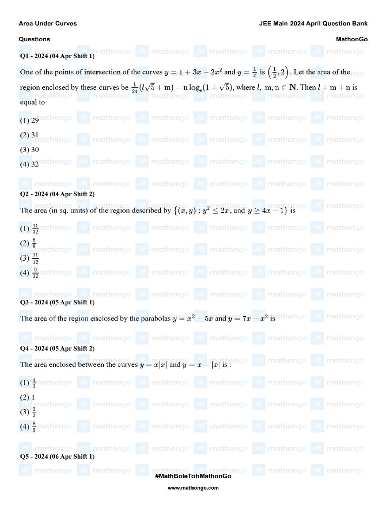 Area Under Curves - JEE Main 2024 January Question Bank - MathonGo | PDF