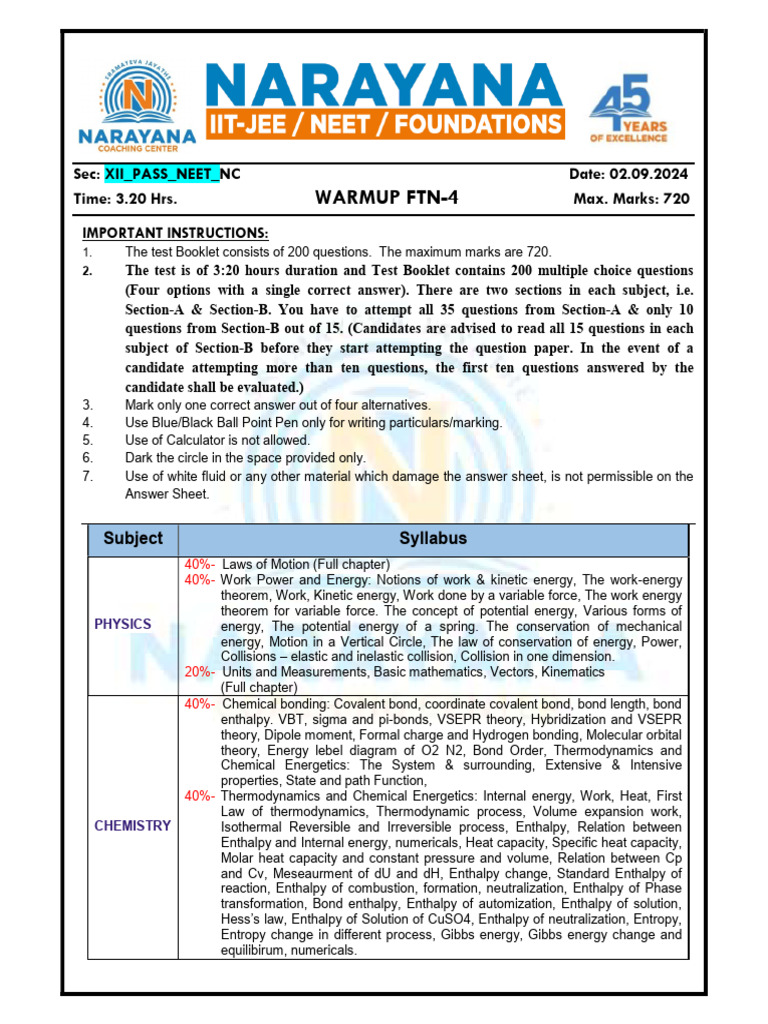 (Final) Xii Pass Neet NC Ftn-4 Warm-Up QP 02.09.2024 | PDF | Enthalpy | Chemical Bond