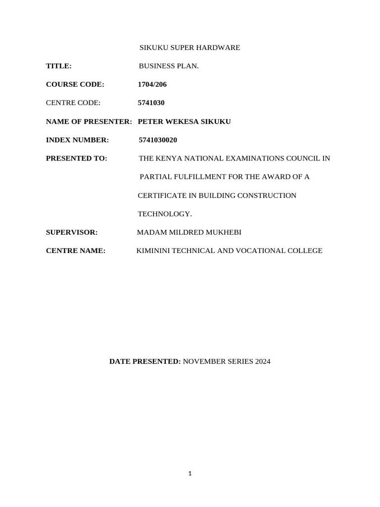 Peter Wekesa Sikuku Business Plan | PDF | Retail | Prices