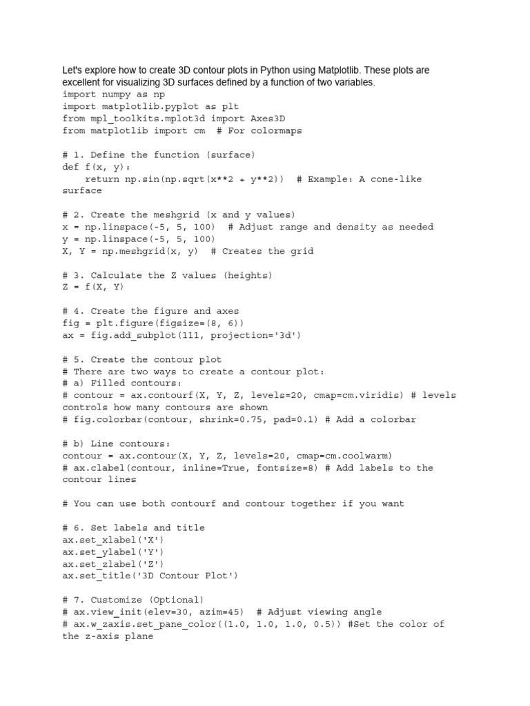 Three Dimensional Contour Plots in Python | PDF | Contour Line | Computer Programming