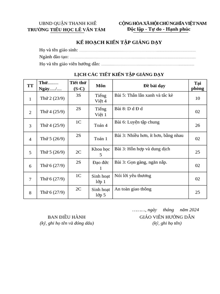 Mau 8-KeHoach-ThucTap-GiangDay | PDF