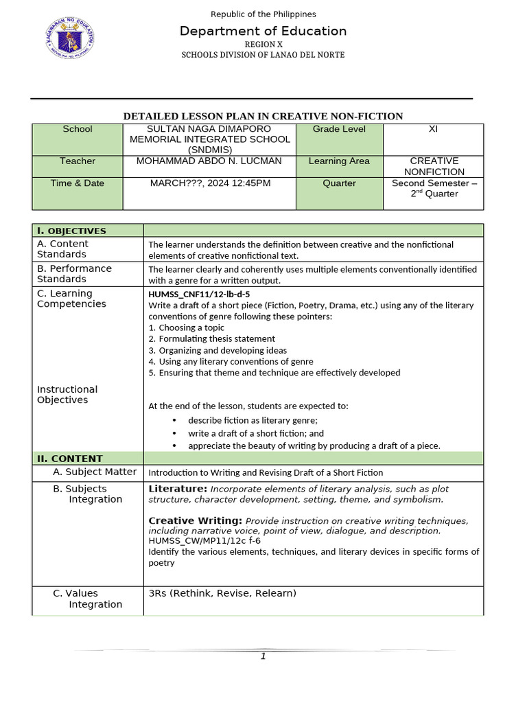 Creative Non-Fiction Lesson Plan | PDF | Learning | Genre