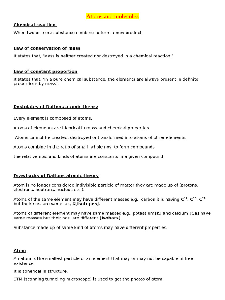 Atoms and Molecules Class Notes | PDF | Ion | Atoms