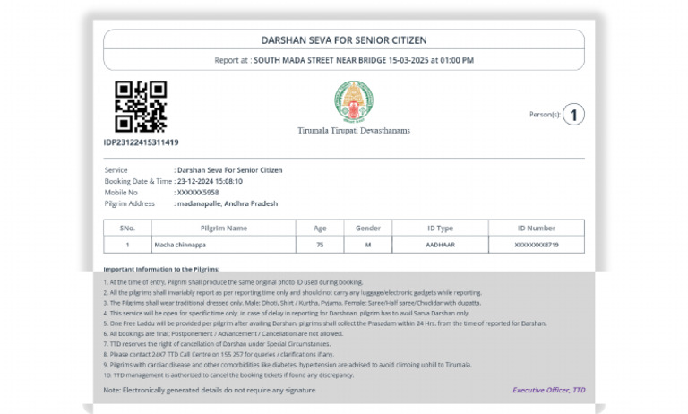 Darshan Seva For Senior Citizen Receipt | PDF