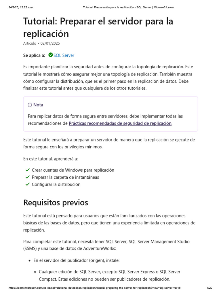 Tutorial - Preparación para La Replicación - SQL Server - Microsoft Learn1 | PDF | Servidor SQL ...
