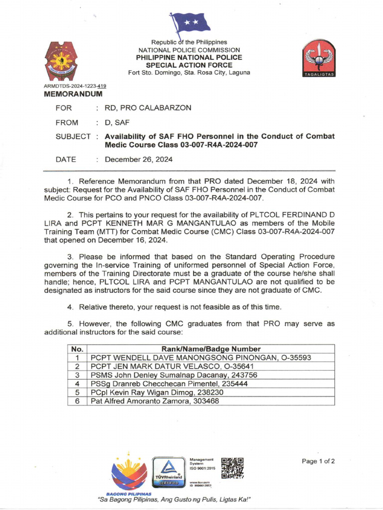 Availabilty of Saf Fho Personnel in The Conduct of Combat Medic Course ...