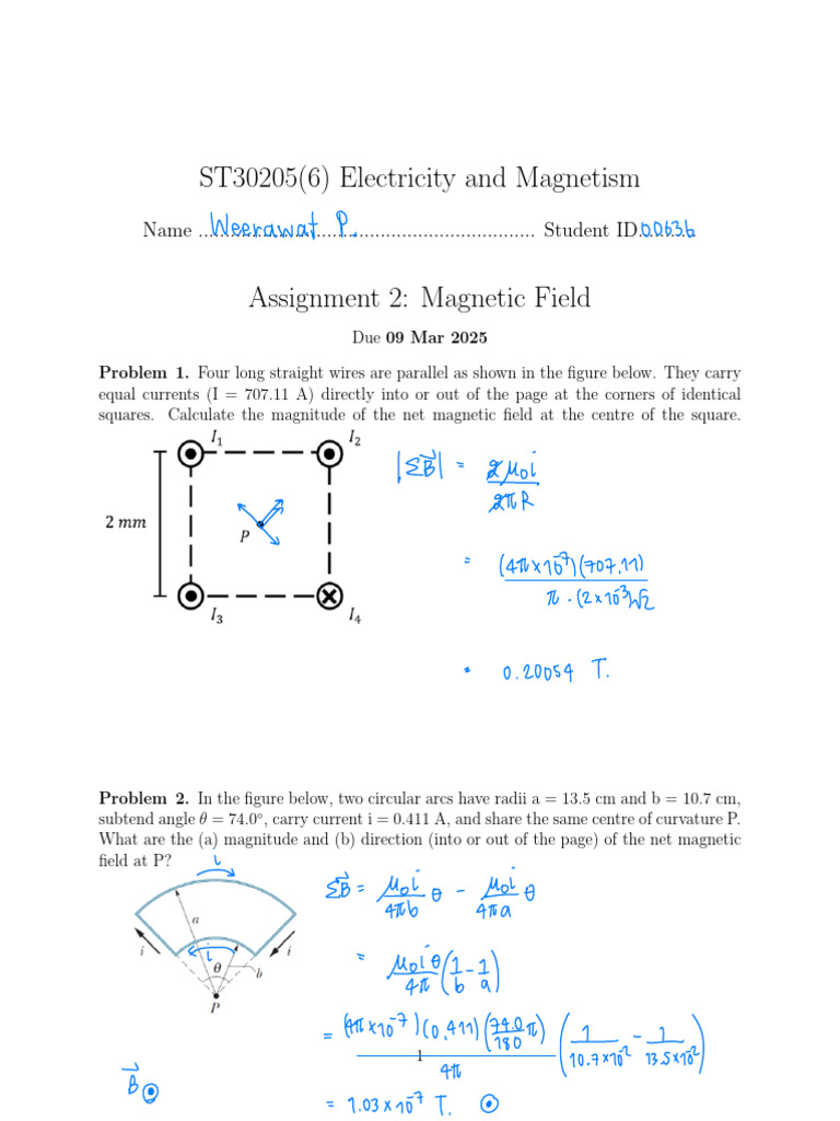 ST30205 - 6 - 2024 02-Magnetic Field - Assignment | PDF | Angle | Magnetic Field