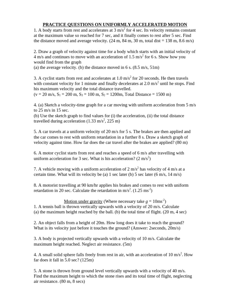 1b. Main (13) Practice Problems On Uniformly Accelerated Motion | PDF ...