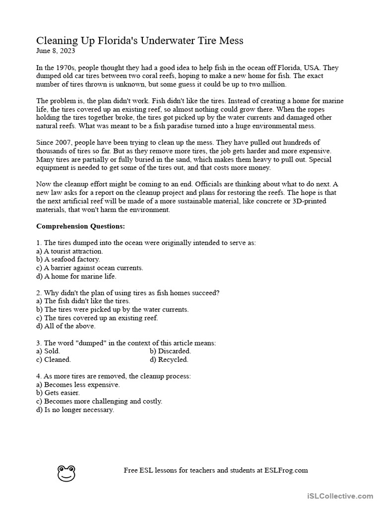 Cleaning Up Florida's Underwater Tire Mess - Intermediate Reading ...