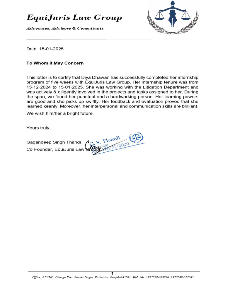 Diya Dhawan Exp Letter 15 Dec To 15 Jan | PDF