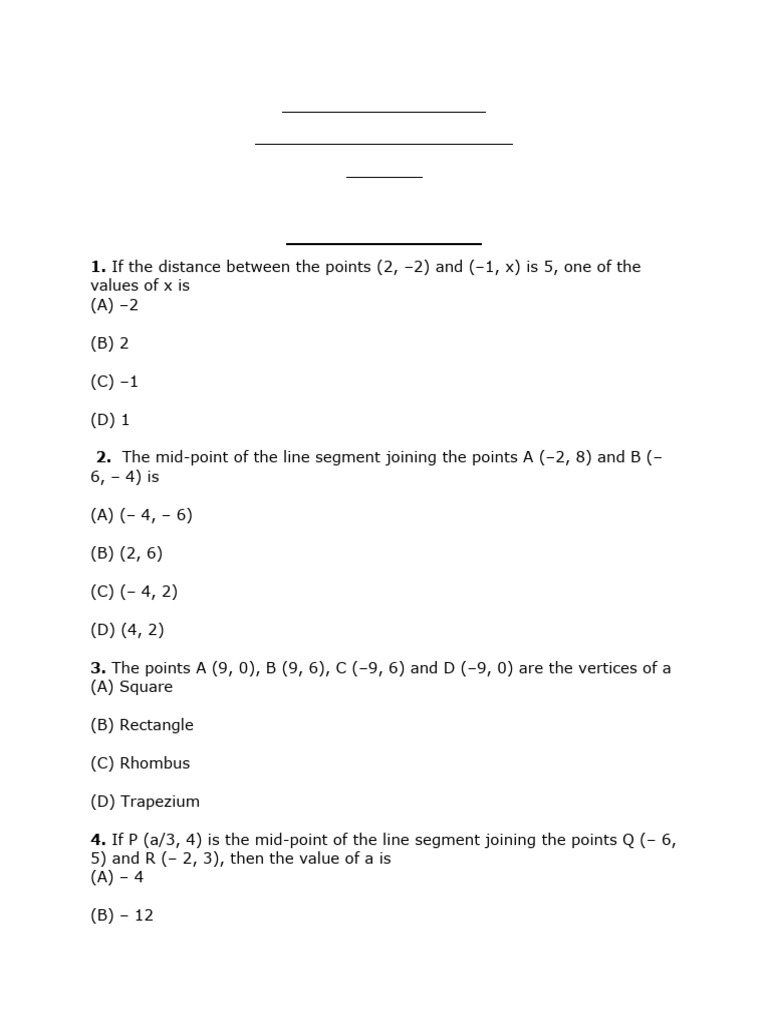 Test On Ch 7 Coordinate Geometry Pdf