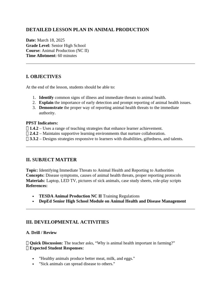 Detailed Lesson Plan in Animal Production - CGPT | PDF | Learning ...