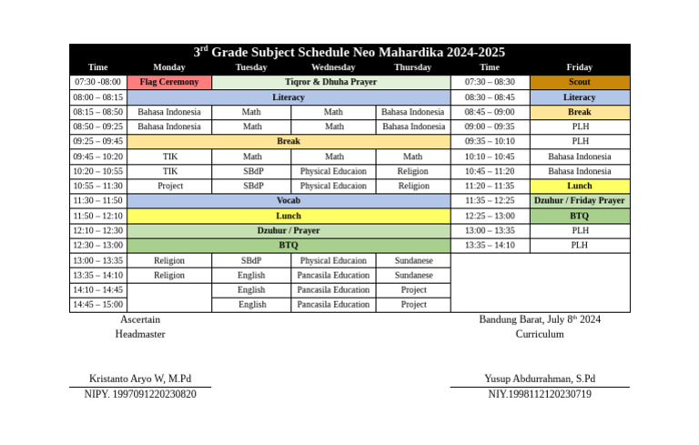 3rd Grade Subject Schedule Neo Mahardika 2024 | PDF
