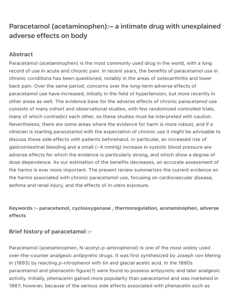 Paracetamol (Acetaminophen) - A Intimate Drug With Unexplained Adverse ...