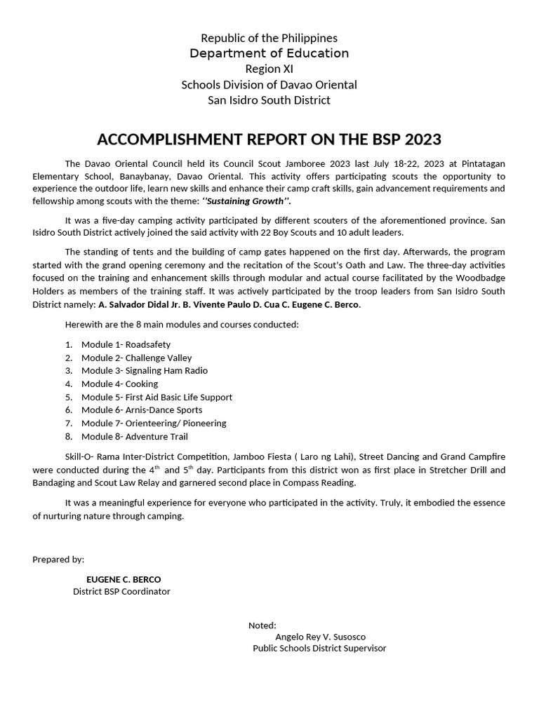 Accomplishment Report On The BSP GSP ENC | PDF | Scouting | Outdoor Recreation