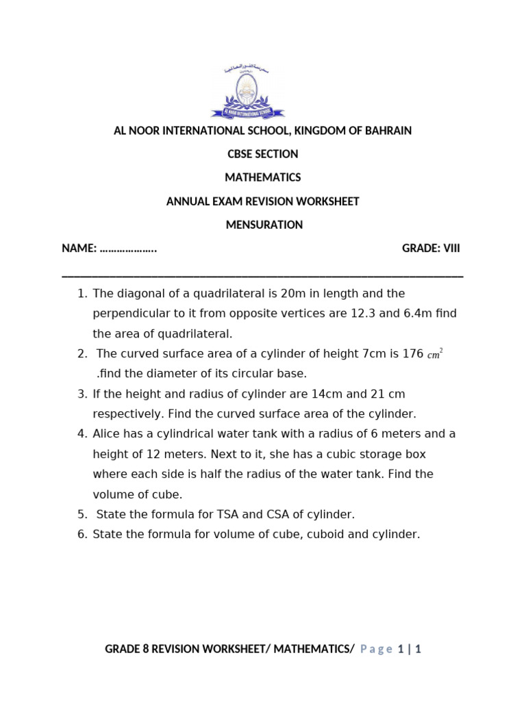 Grade 8 Mensuration Revision Worksheet | PDF