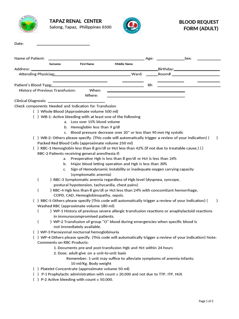 Blood Request Form for Adults | PDF | Blood Transfusion | Blood