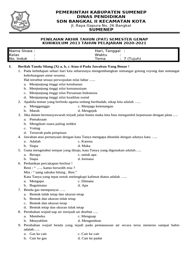 SOAL PAT TEMA 7 KELAS V | PDF