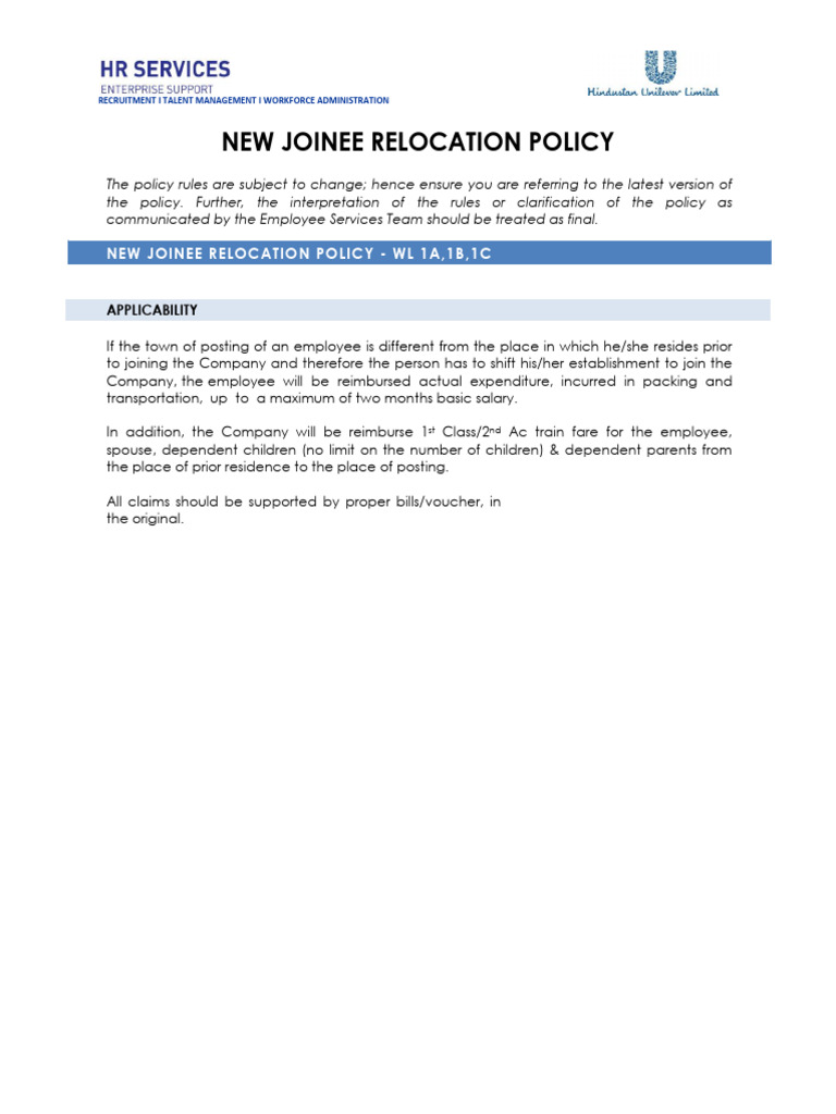 New Joinee Relocation Policy Overview | PDF