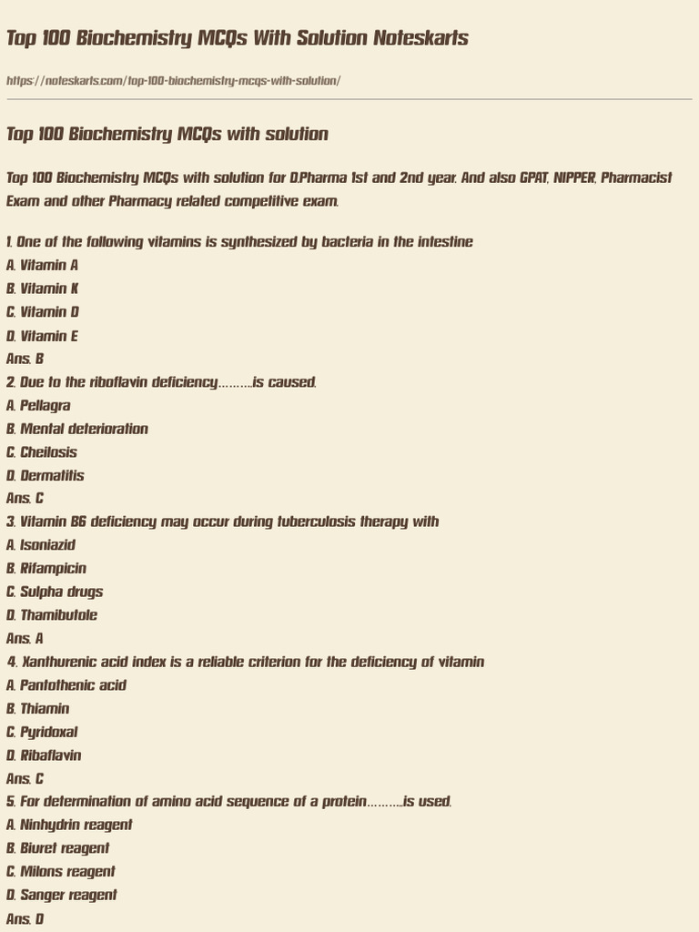 Top 100 Biochemistry MCQs with Solutions | PDF | Citric Acid Cycle ...