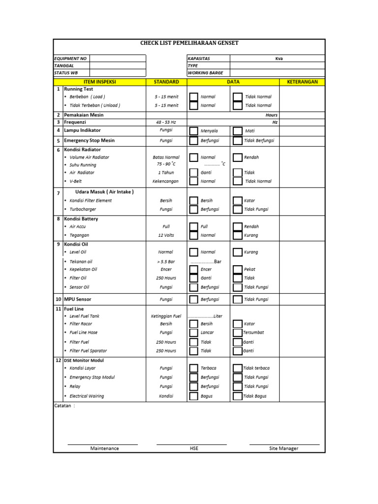 Check List Pemeliharaan Genset | PDF