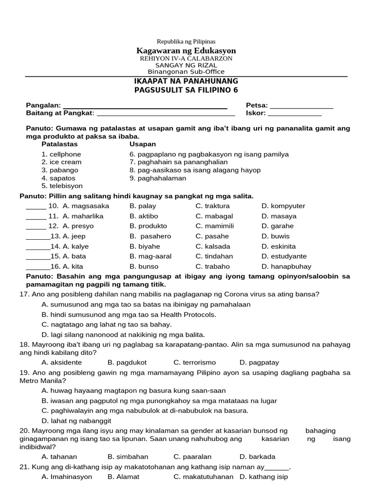 VALIDATED - Filipino6 - Q4 - PT | PDF