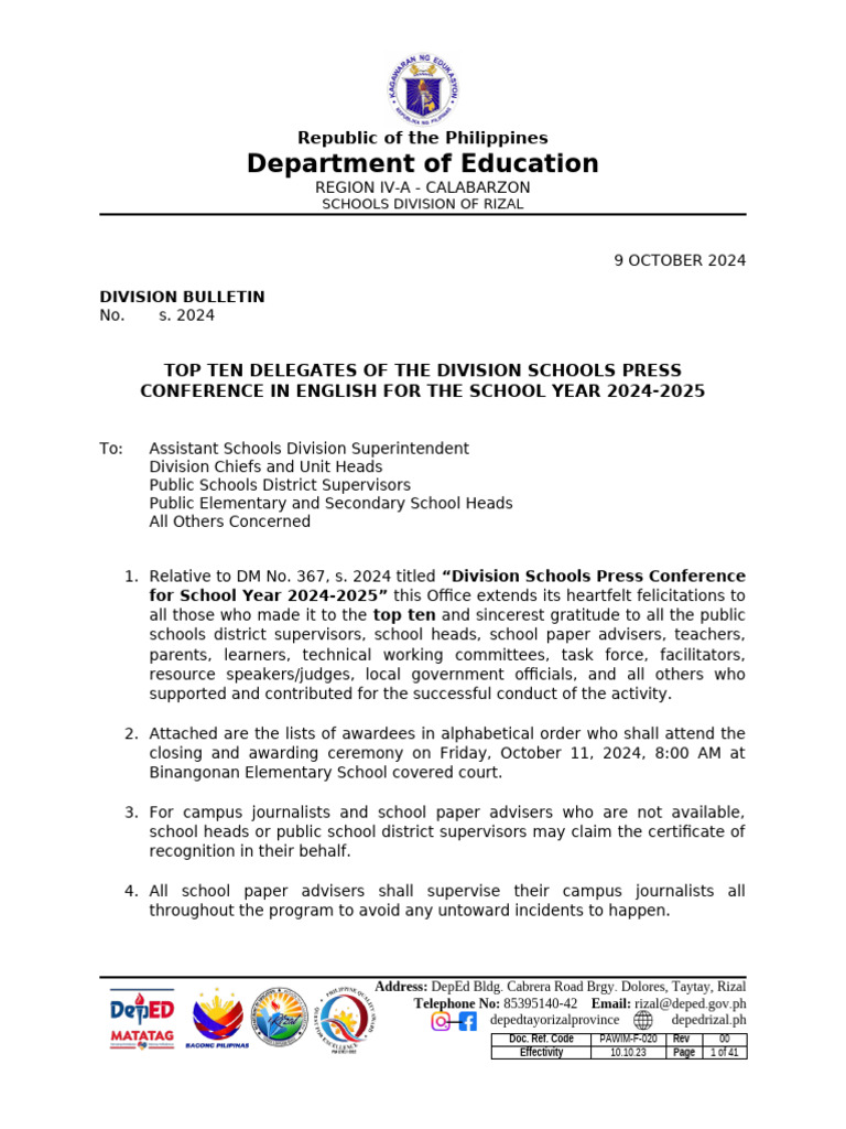 Draft Bulletin DSPC SY24 25 1 | PDF | Philippines | Government