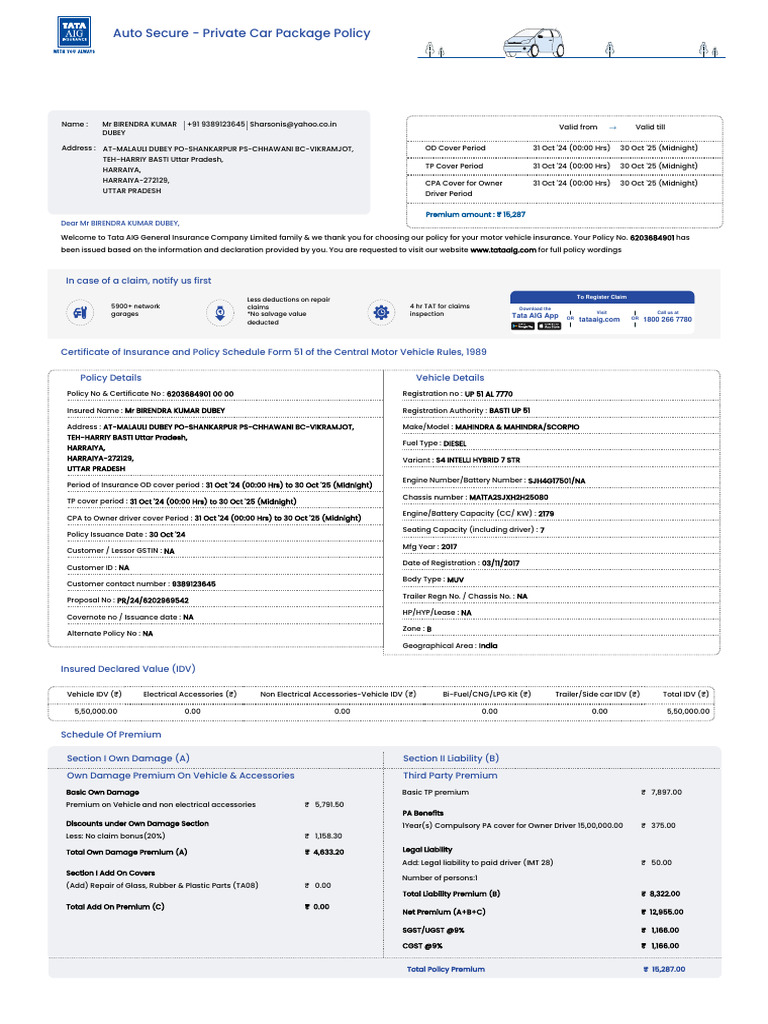 Tata AIG Motor Policy Schedule 3184 6203684901 | PDF | Insurance ...