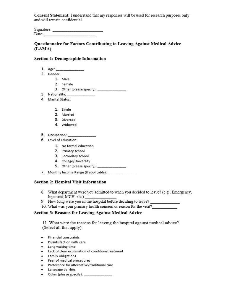 LAMA Questionnaire Consent Form | PDF | Hospital | Health Care