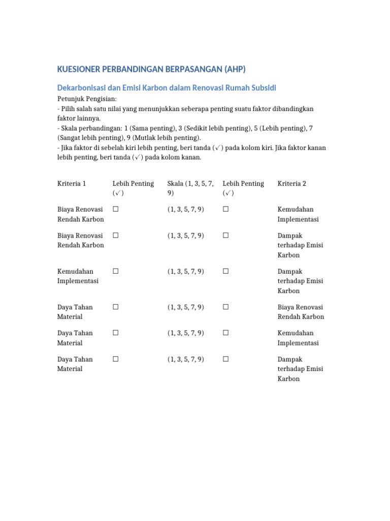 Kuesioner AHP Dekarbonisasi | PDF