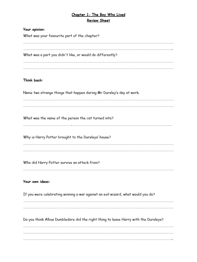 Chapter 1: The Boy Who Lived Review Sheet Your Opinion | PDF | Harry ...