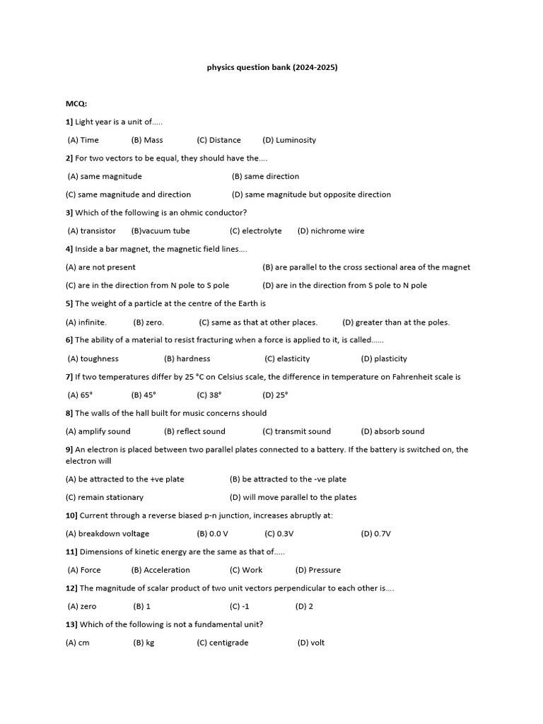 Physics Question Bank 2024-2025 | PDF | Force | Velocity