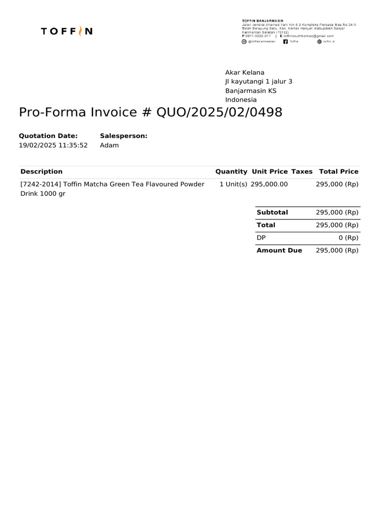 Toffin Matcha Invoice for Banjarmasin | PDF