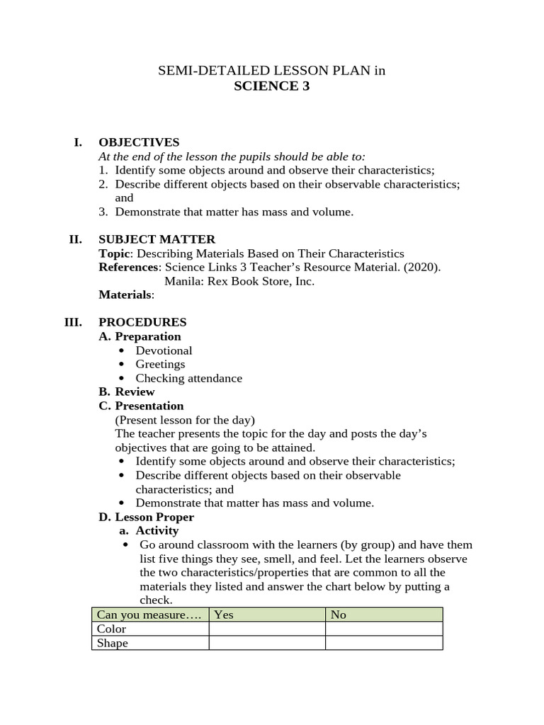 Science 3 Lesson Plan: Matter Properties | PDF | Lesson Plan | Matter